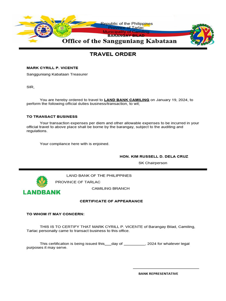 SK Travel Order and Landbank Certification | PDF