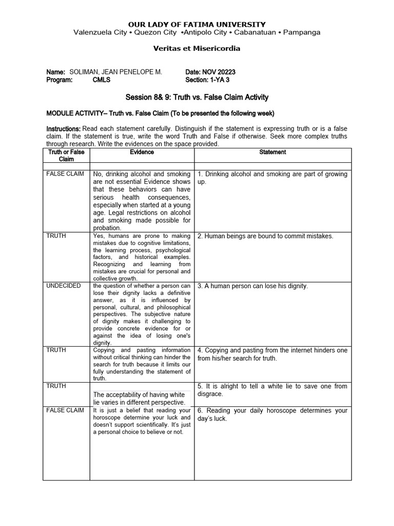 Session 8&9 - Truth vs. False Claim Activity - Final | PDF | Truth ...