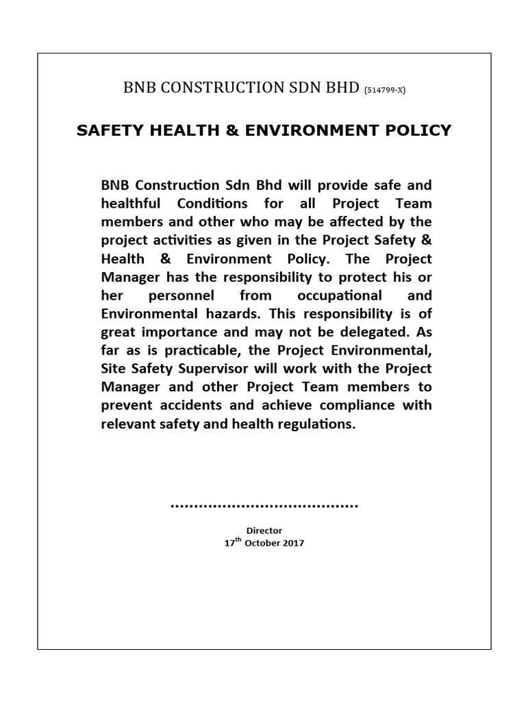 Appendix A Safety & Health Policy, Objective, Target & Program | PDF | Safety | Occupational ...