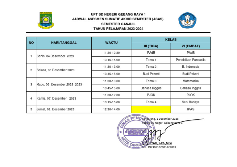 Jadwal Kelas 3 Dan 4 Asesmen Sumatif Ganjil 2023-2024 | PDF