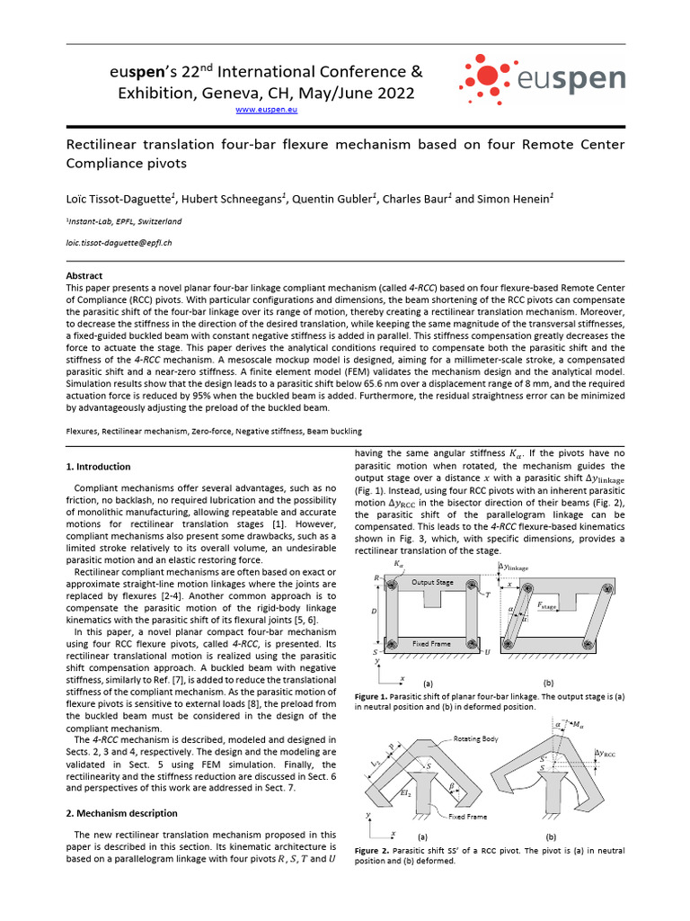 Rectilinear Translation Four-Bar Flexure Mechanism Based On Four Remote Center Compliance Pivots ...