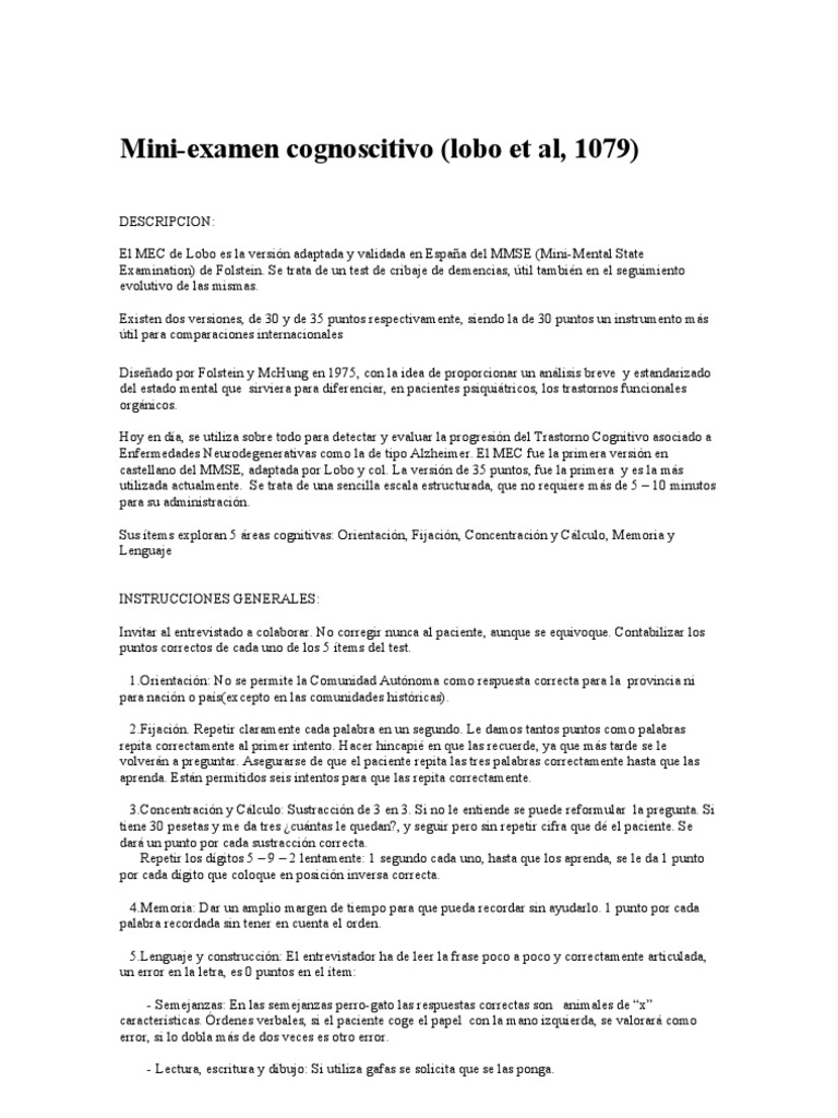Mini-examen cognoscitivo MEC de Lobo | PDF | Cognición | Ciencia cognitiva