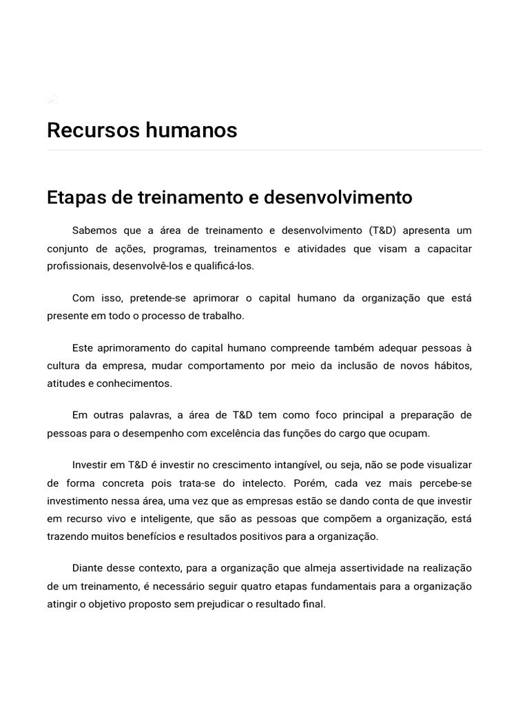 Etapas Do Treinamento e Desenvolvimento | PDF | Gestão de recursos humanos | Desenvolvimento ...