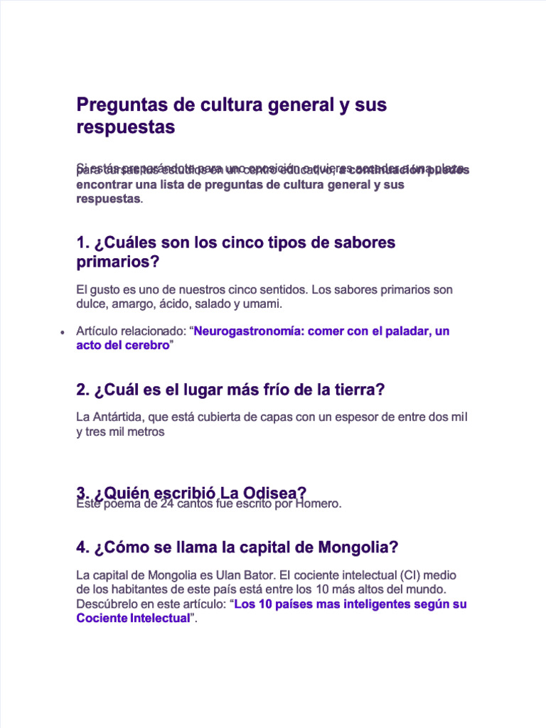 PDF Preguntas de Cultura General y Sus Respuestas 1 Cuales Son Los Cinco Tipos de Sabores ...