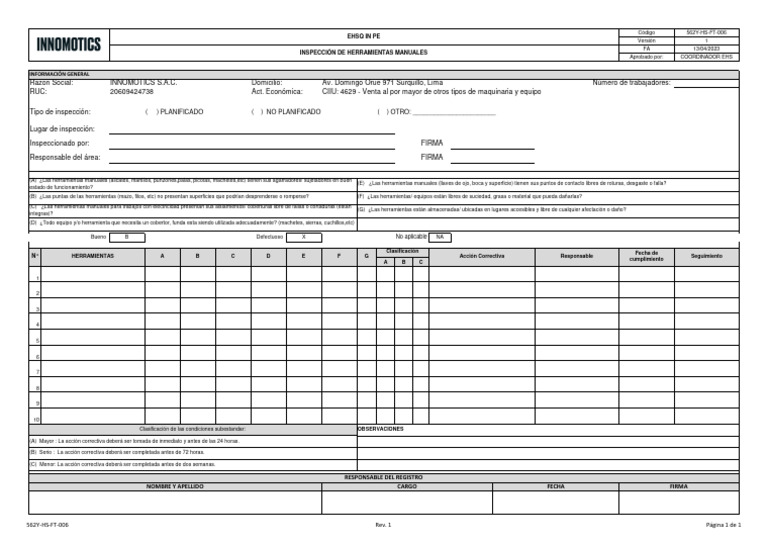 562Y-HS-FT-006 Inspección de Herramientas Manuales - 1 | PDF
