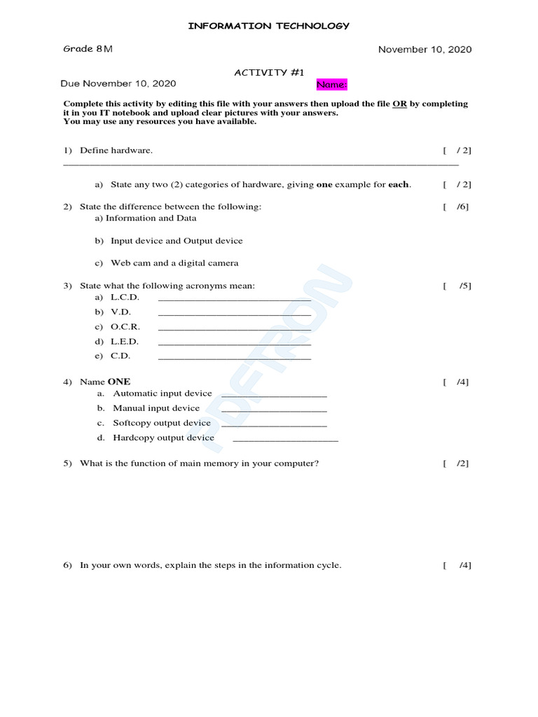 Grade 8 IT Activity: Hardware & Concepts | PDF | Computer Data Storage ...