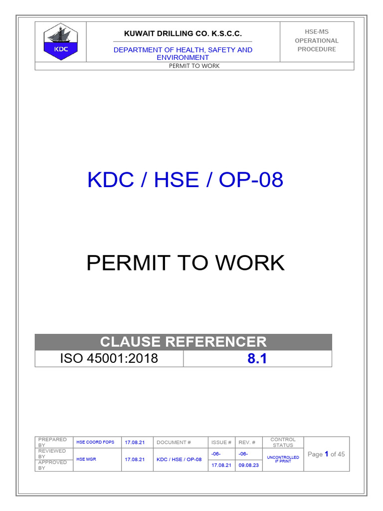 08 - OP - Permit To Work - I07 R06 | PDF | Safety | Chemistry