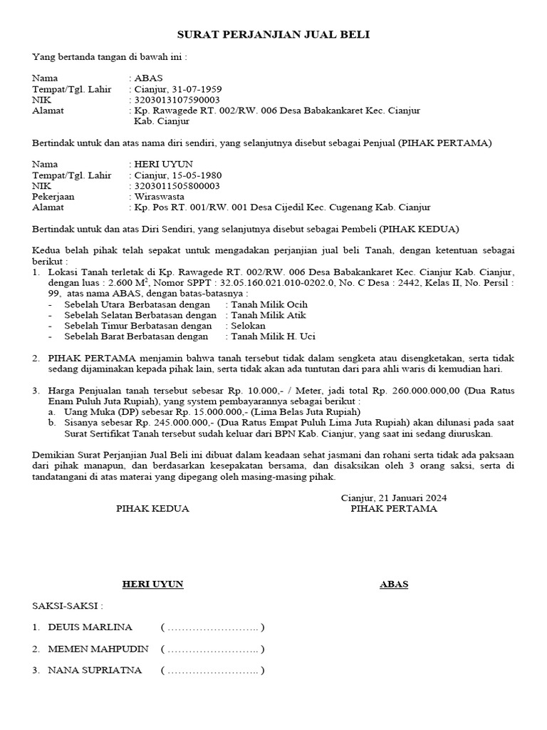 Surat Perjanjian Jual Beli Tanah Heri Uyun | PDF