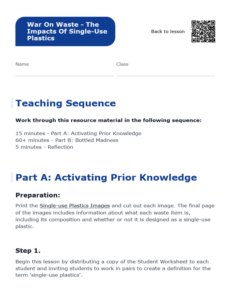 War On Waste - The Impacts of Single-Use Plastics - Lesson Plan | PDF ...