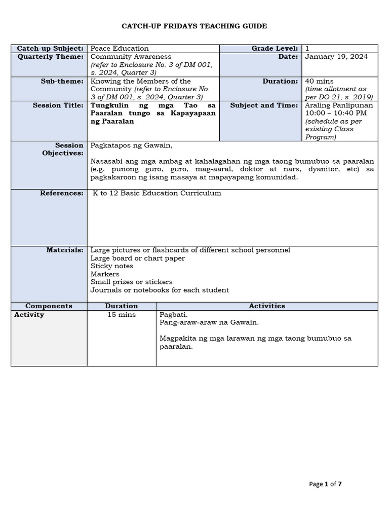 Teaching Guide Catchup AP Peace Ed Grade 1v1 | PDF