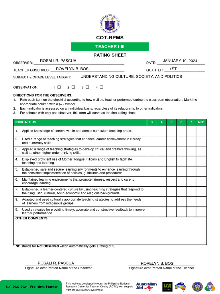 COT RPMS Rating Sheet For T I III For Sy 2023 2024 | PDF | Teachers ...
