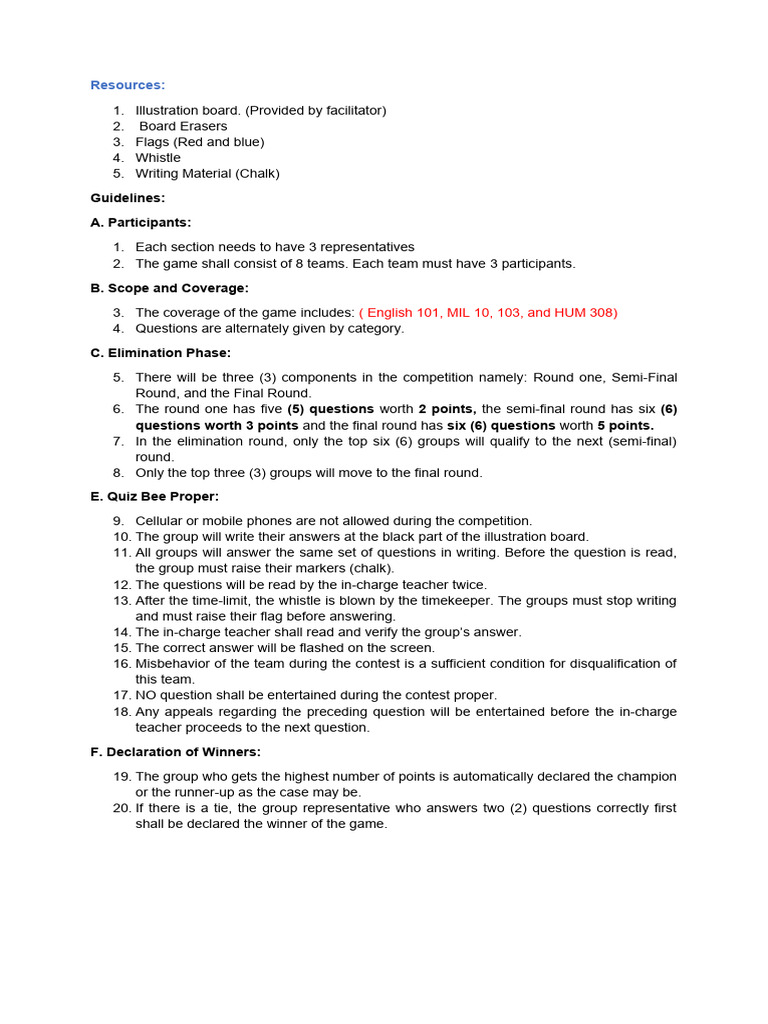 Quiz Bee Sample Guidelines | PDF | Teaching Methods & Materials