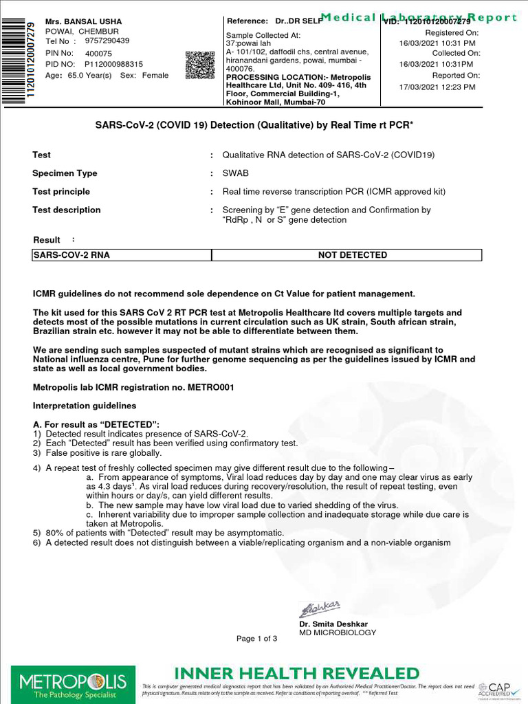 COVID-19 Test Results for Usha Bansal | PDF | Virus | Infection
