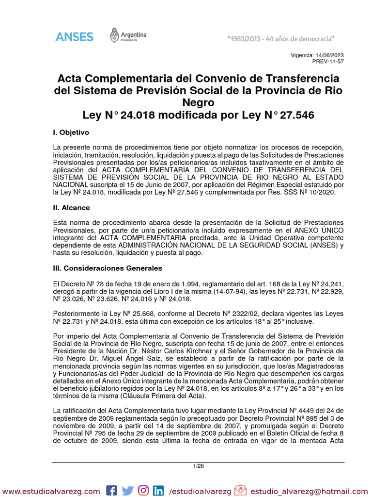 Acta Complementaria Del Convenio de Transferencia Del Sistema de Previsión Social de La ...