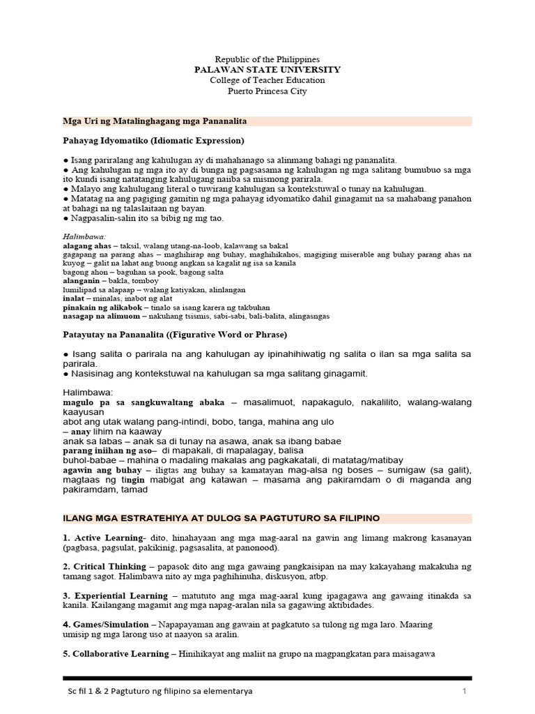 FILIPINO Additional Review Material | PDF