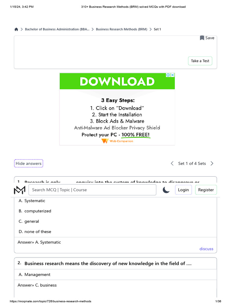 310+ Business Research Methods (BRM) Solved MCQs With PDF Download | PDF | Level Of Measurement ...