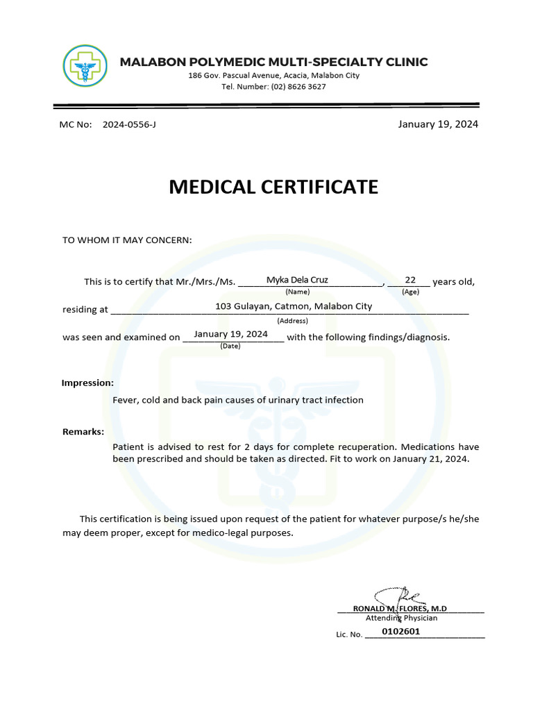 Medical Certificate for UTI - Malabon | PDF | Wellness