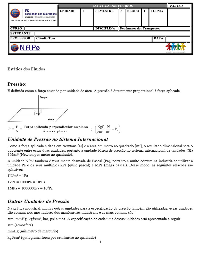 Estatica Dos Fluidos Parte I Unidade 1 S | PDF
