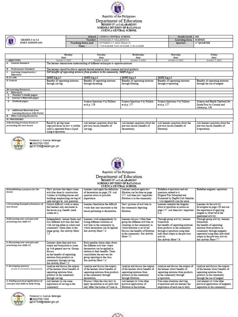 Grade 6 Science Lesson Plan | PDF | Learning | Filtration
