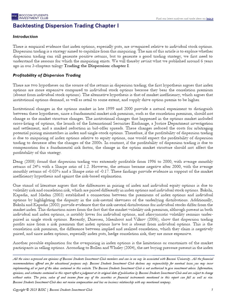 Dispersion Trading | PDF | Option (Finance) | Financial Risk