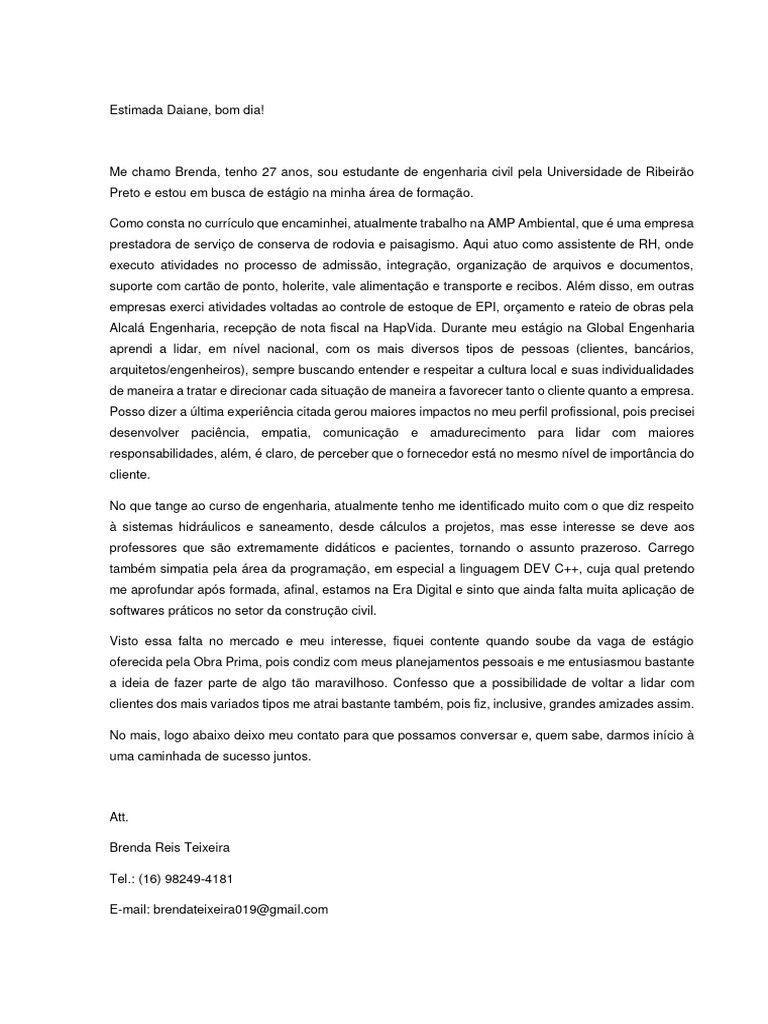 Carta de Apresentação - Brenda Teixeira | PDF