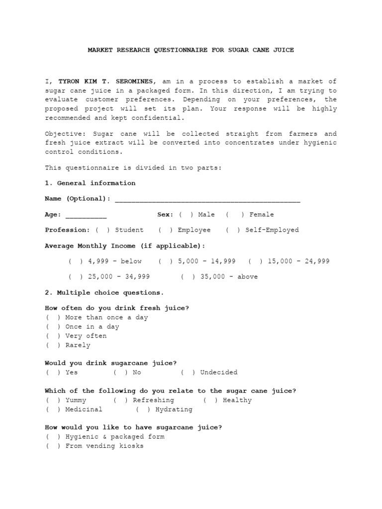 Market Research Questionnaire For Sugar Cane Juice | PDF | Juice | Diet ...