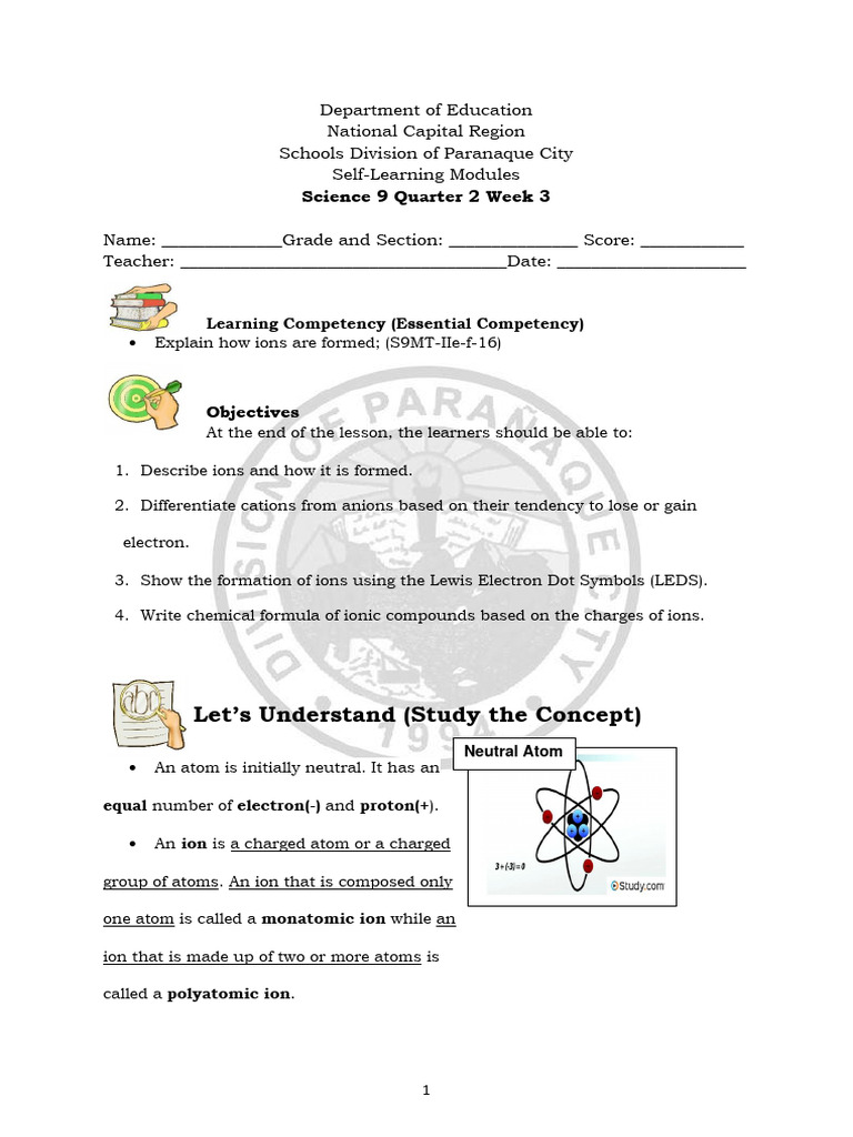 SCIENCE_G9_Q2_W3_MOD | PDF | Ion | Ionic Bonding