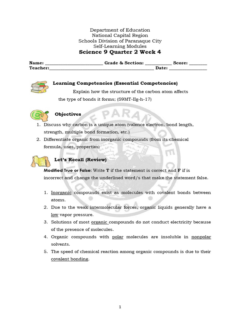 Science G9 Q2 W4 Mod | PDF | Chemical Bond | Alkene