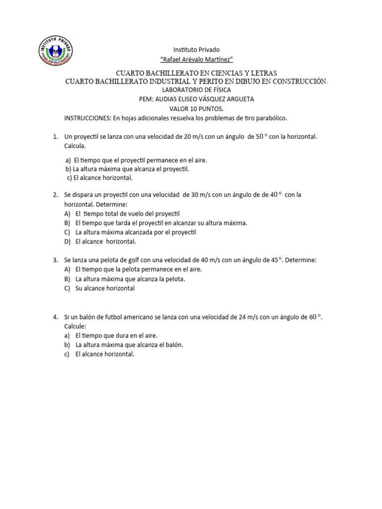 Laboratorio de Tiro Parabólico | PDF