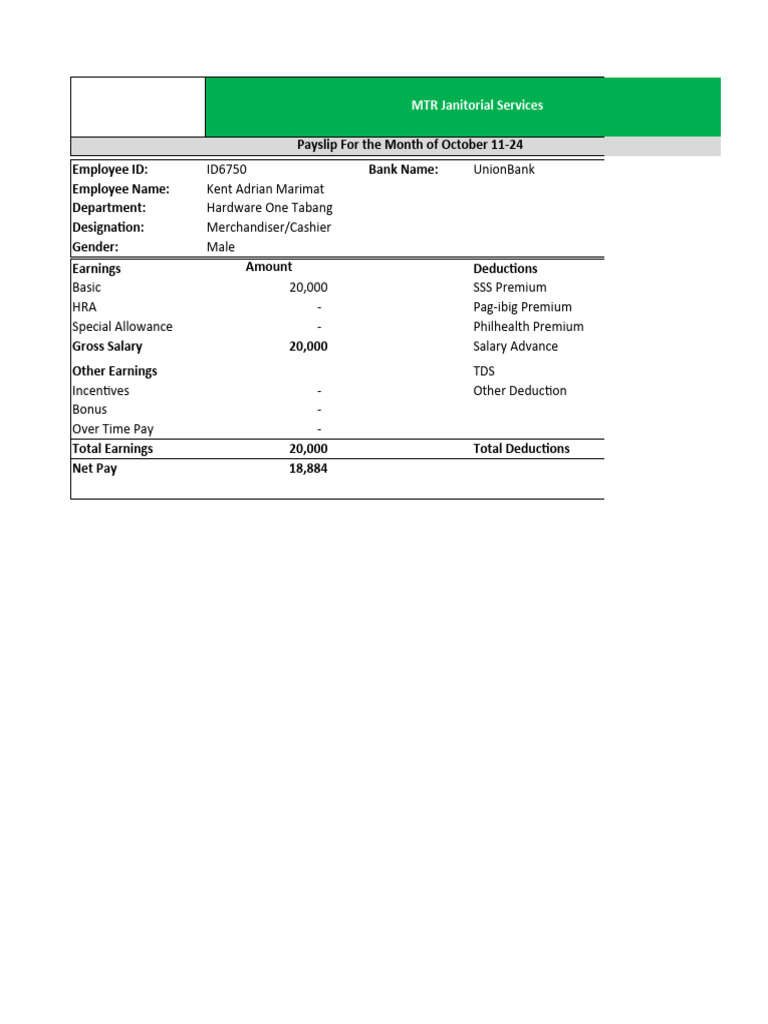 Excel Payslip Template for Employees | PDF
