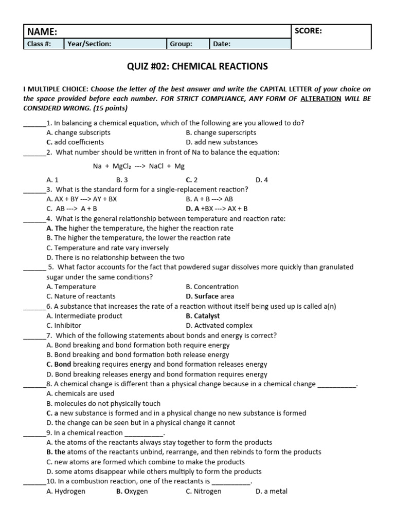 Science 10 4th Quiz #02 Chemical Reactions | PDF | Teaching Methods ...