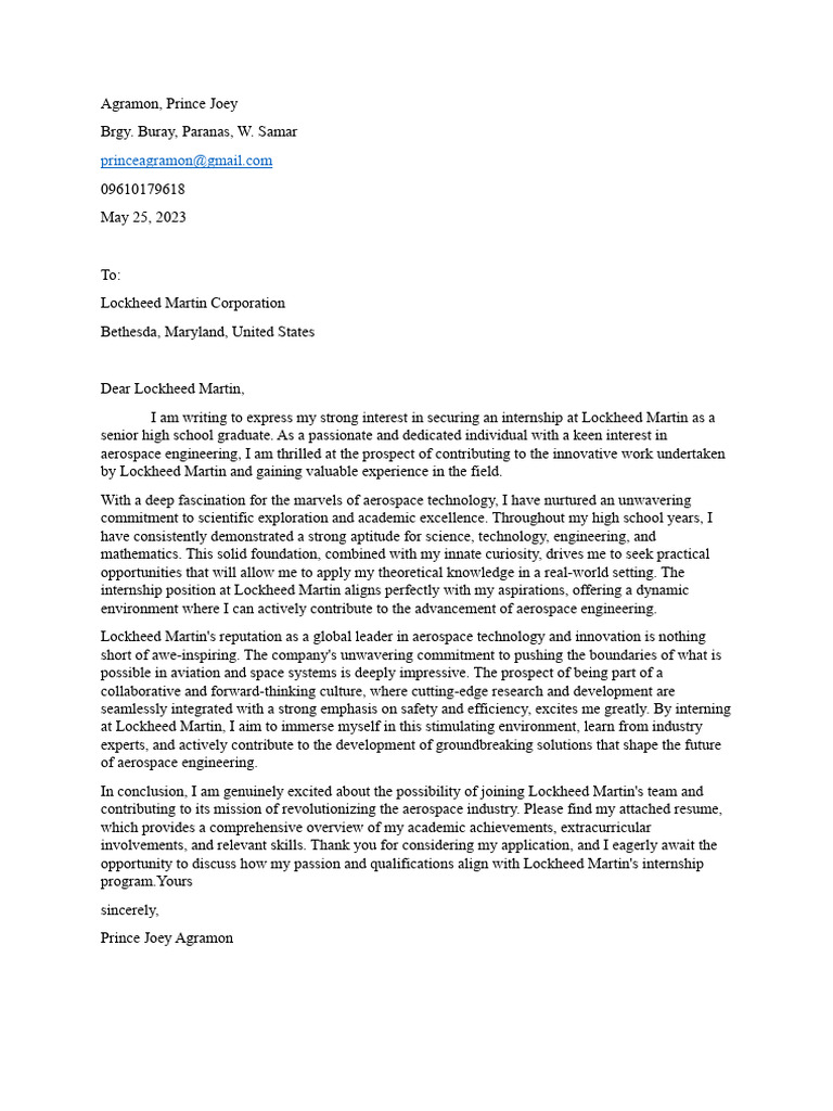 Internship Application for Lockheed Martin | PDF