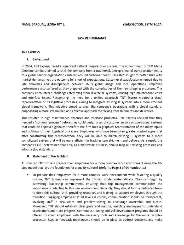 Sardual 11 - Task Performance - 3 | PDF | Iso 9000 | Logistics