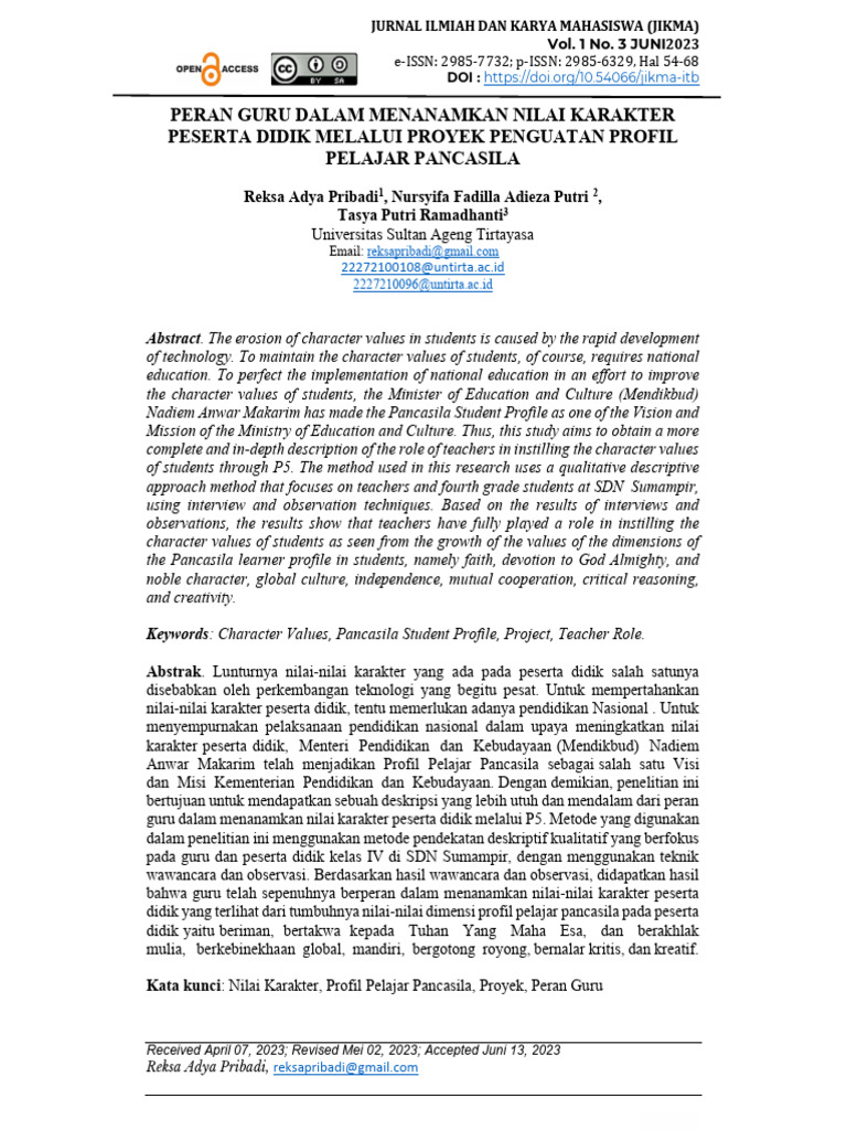 Peran Guru Dalam Menanamkan Nilai Karakter Peserta Didik Melalui Proyek Penguatan Profil Pelajar ...