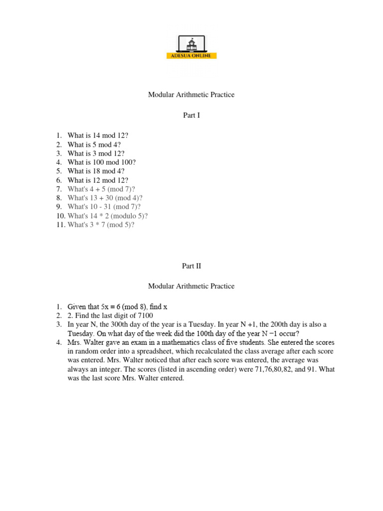 2c4854cb6a77c76722a2e1a8b25503bd_Modular Arithmetic Practice | PDF