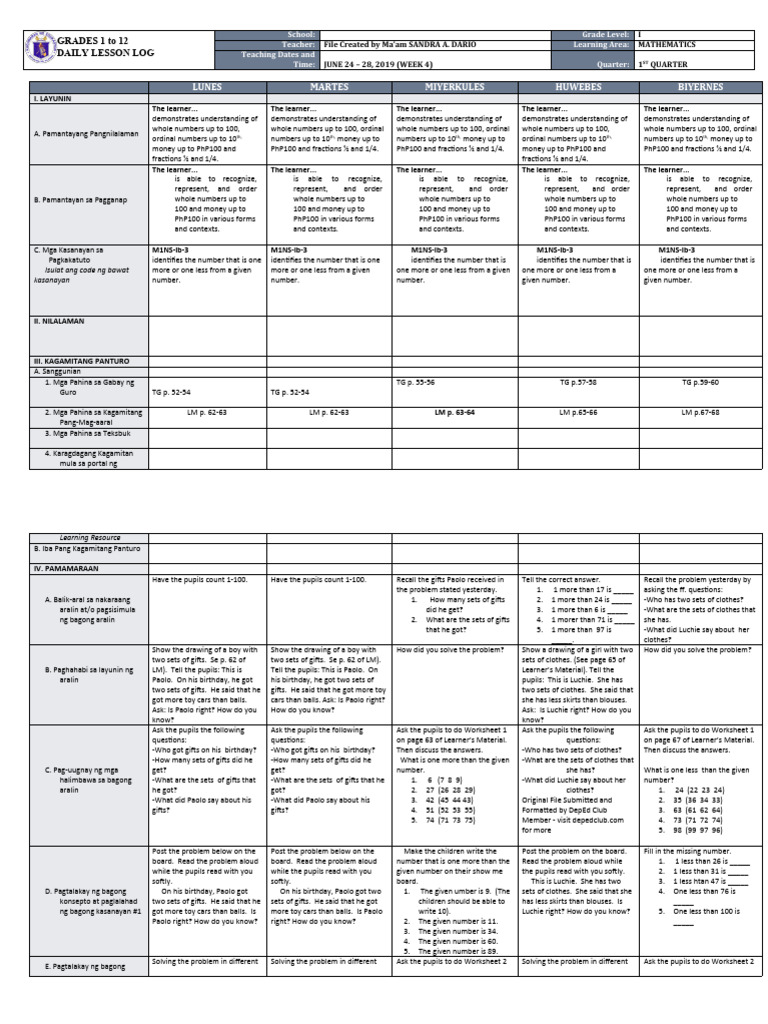 DLL - Mathematics 1 - Q1 - W4 | PDF | Learning