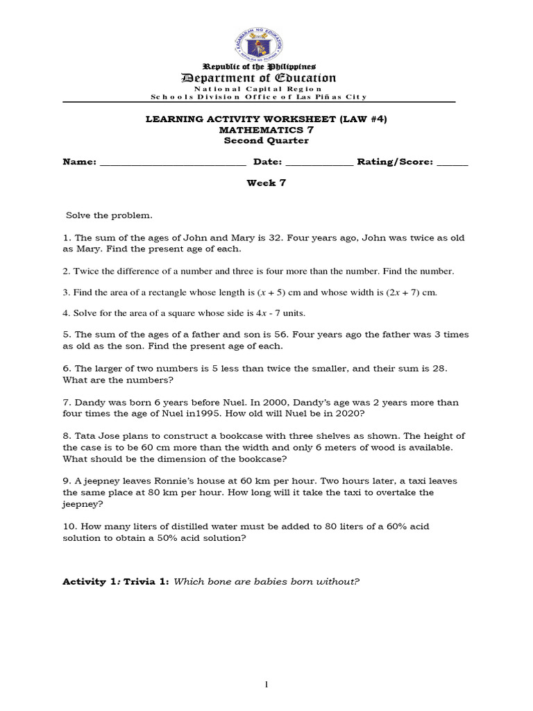 Grade 7 Q2 Law 4 | PDF | Equations | Inequality (Mathematics)