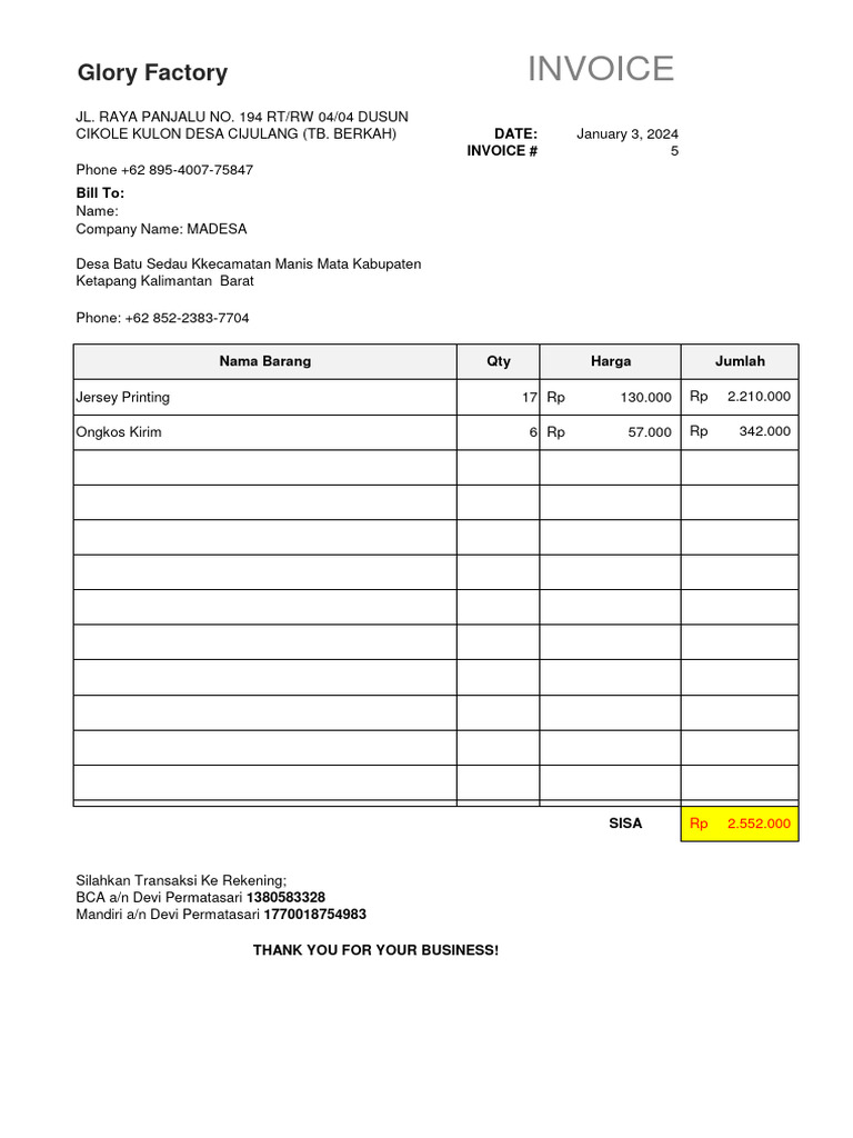 Invoice Pembayaran Madesa | PDF