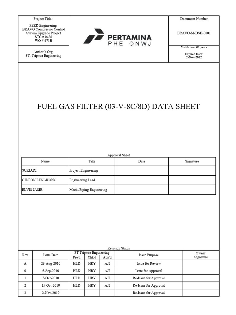 Fuel Gas Filter Data Sheet Overview | PDF | Pipe (Fluid Conveyance ...
