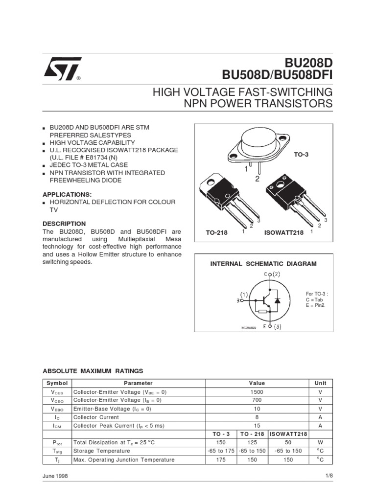 BU508df - 1500v 8A | PDF | Bipolar Junction Transistor | Transistor