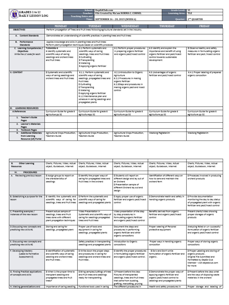 DLL - Tle 6 - Q2 - W6 | PDF | Curriculum | Learning