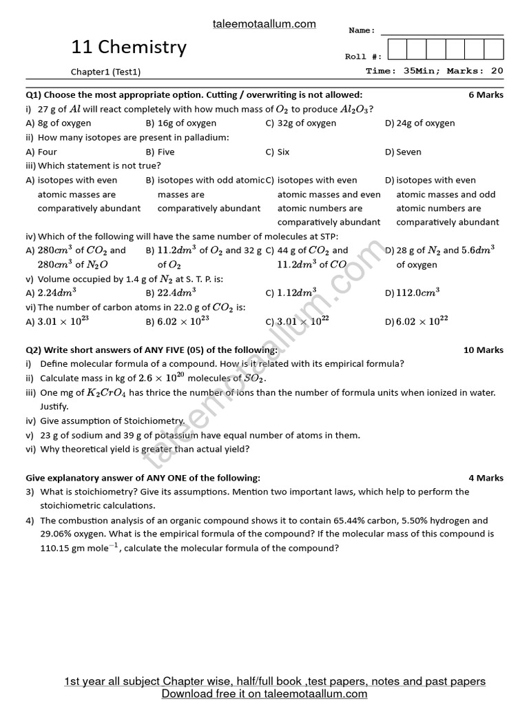 Class 11 Chemistry Test Papers | PDF | Gases | Mole (Unit)