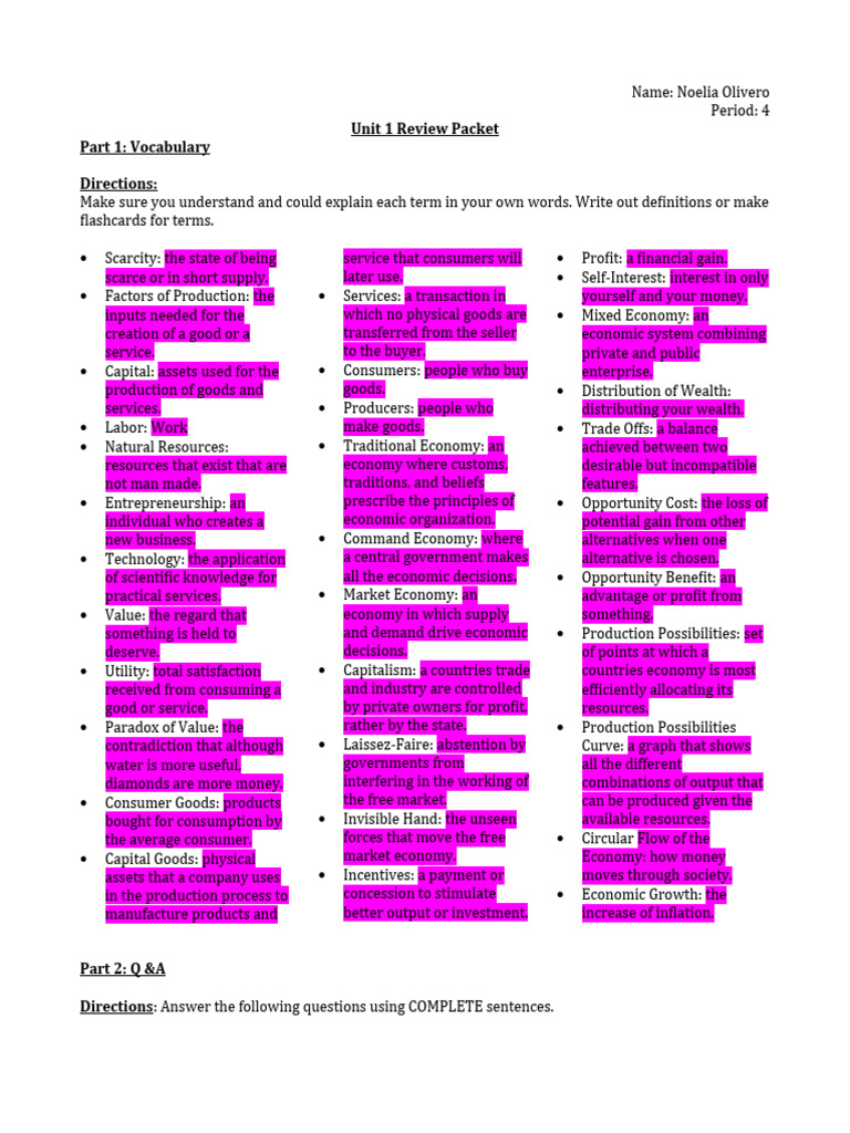 Unit 1 Exam Review Packet-Revised | PDF | Factors Of Production | Economics