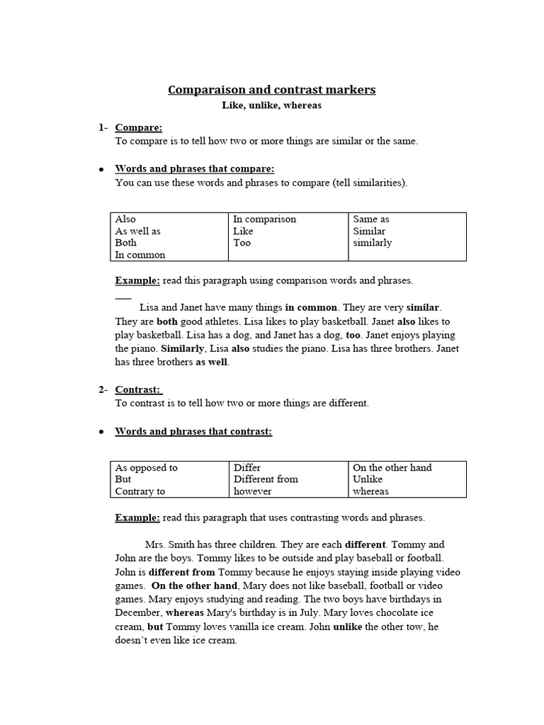 Comparison and Contrast Markers Guide | PDF | Language Mechanics ...