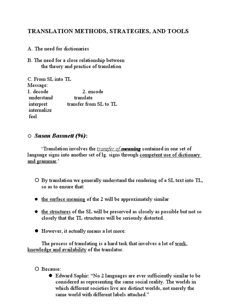 Translation Methods, Strategies, and Tools: Susan Bassnett | PDF ...