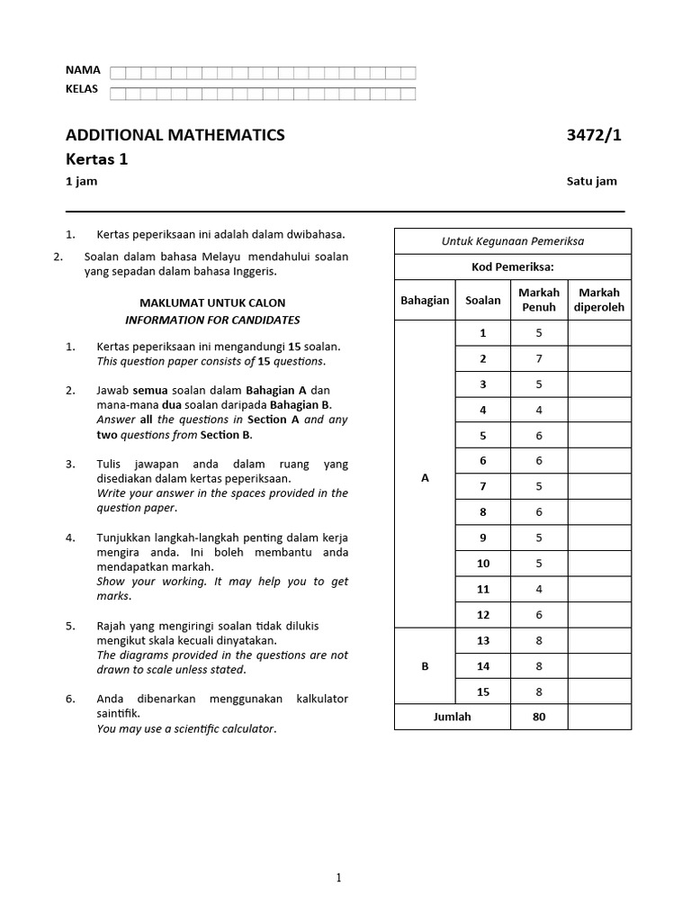 Soalan Addmath Tingkatan 4 Kertas 1 | PDF | Metode & Bahan Ajar