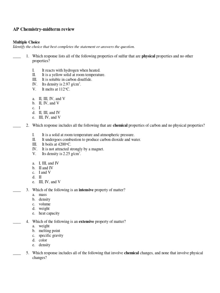 AP Chem-Midterm Review Questions | PDF