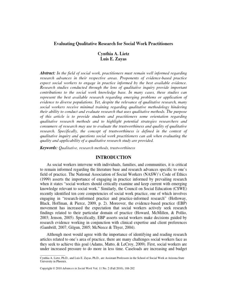 Evaluating Qualitative Research For Social Work Practitioners Cynthia A ...
