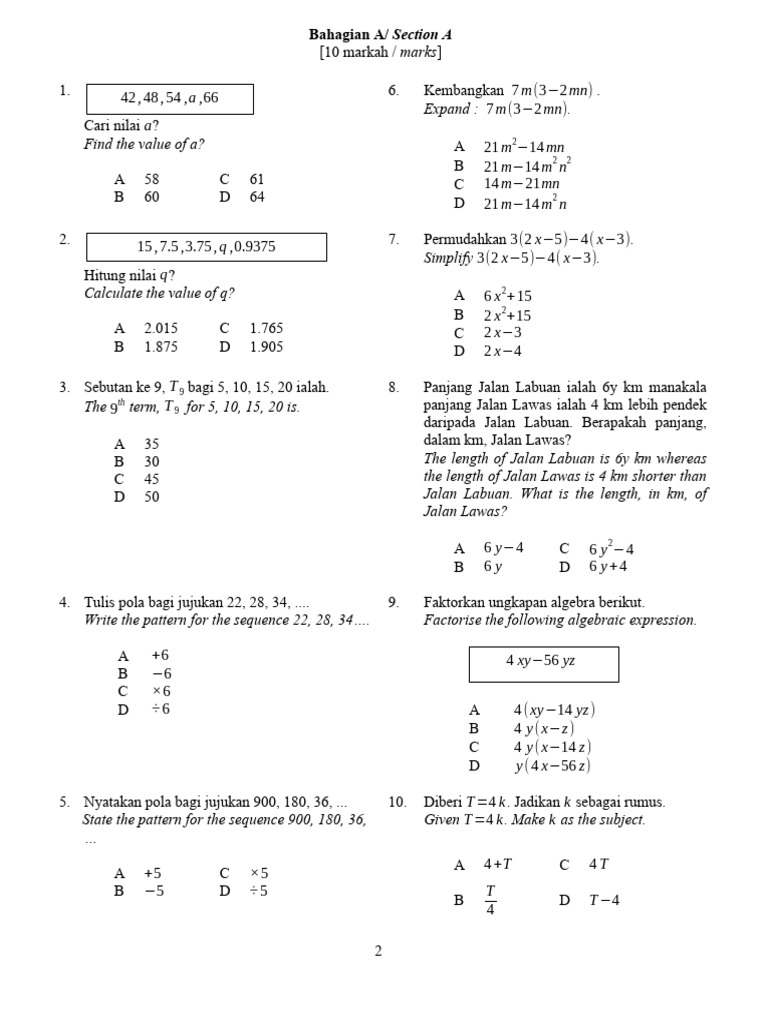 Math Form 2 Bahagian A | PDF