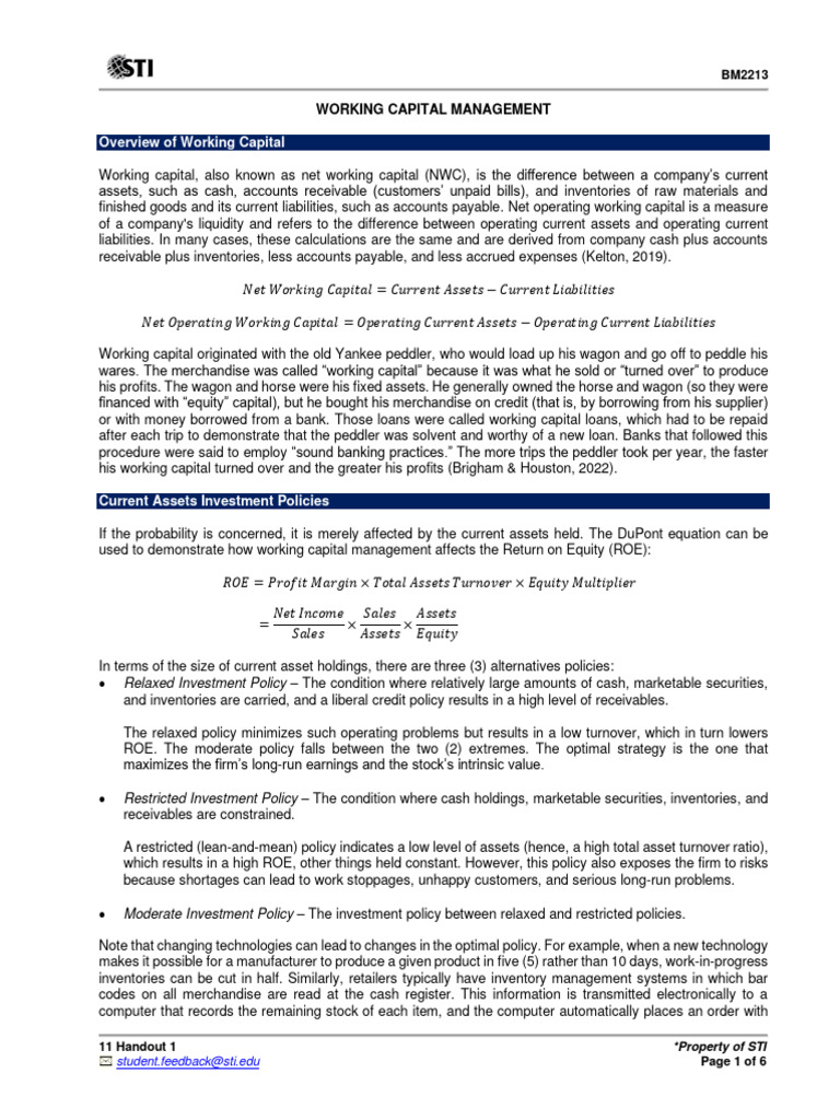 11 Handout 1 | PDF | Working Capital | Equity (Finance)